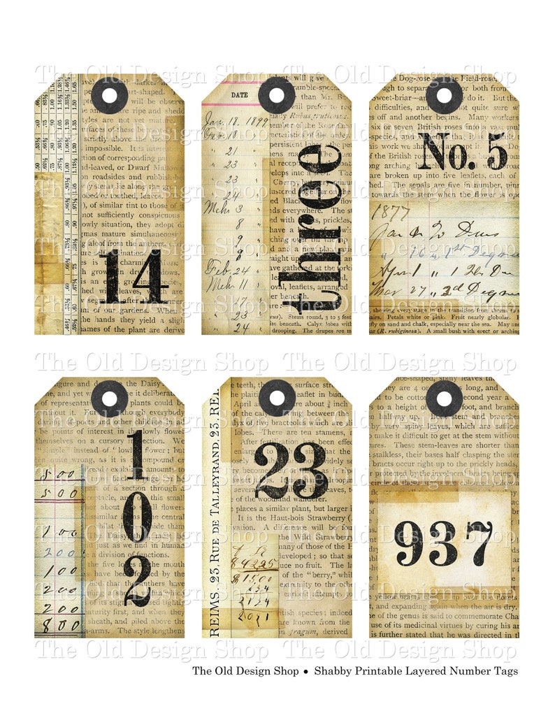 Number Tags Taped Collaged Printable Shabby Vintage Style - Etsy