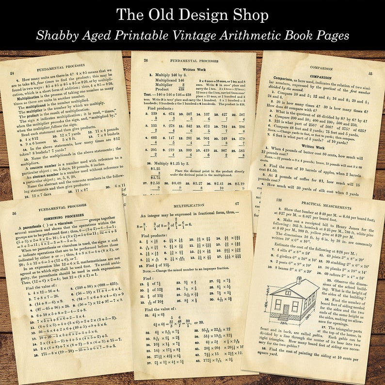 Arithmetic School Printable Vintage Shabby Aged Worn Book Pages Digital ...