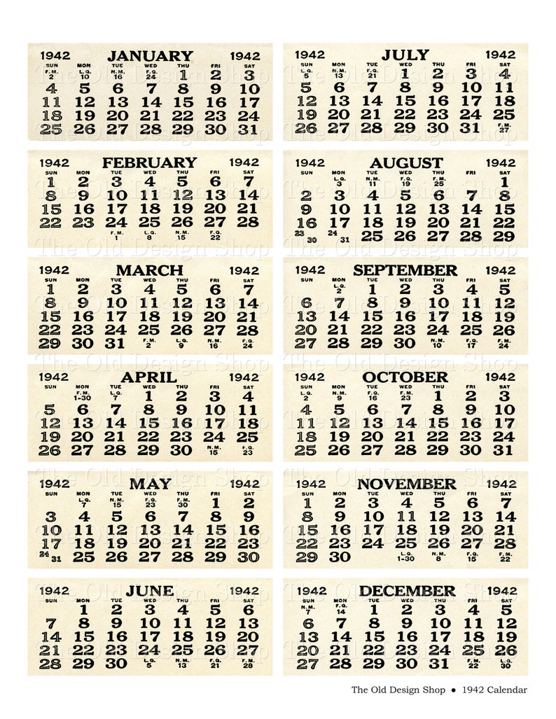 Calendar Cards 1942 Printable Vintage Ephemera Collage Sheet Digital ...