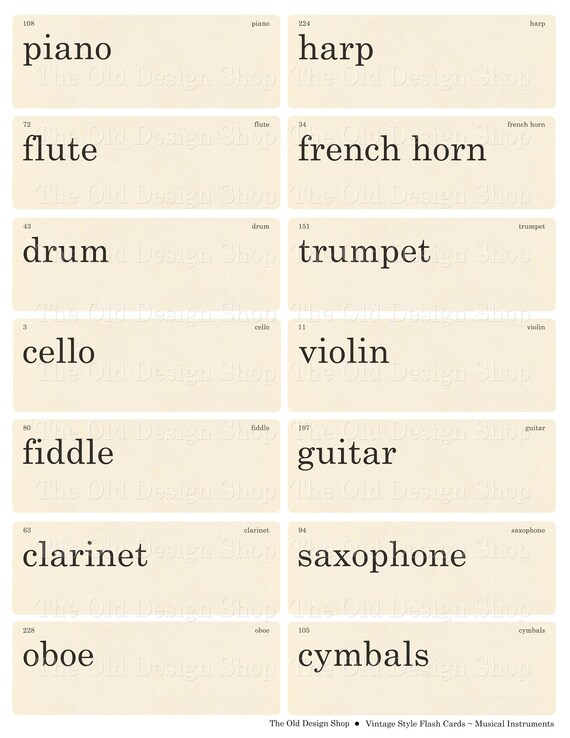 Printable Music Flashcards Musical Instruments Words Vintage - Etsy Canada