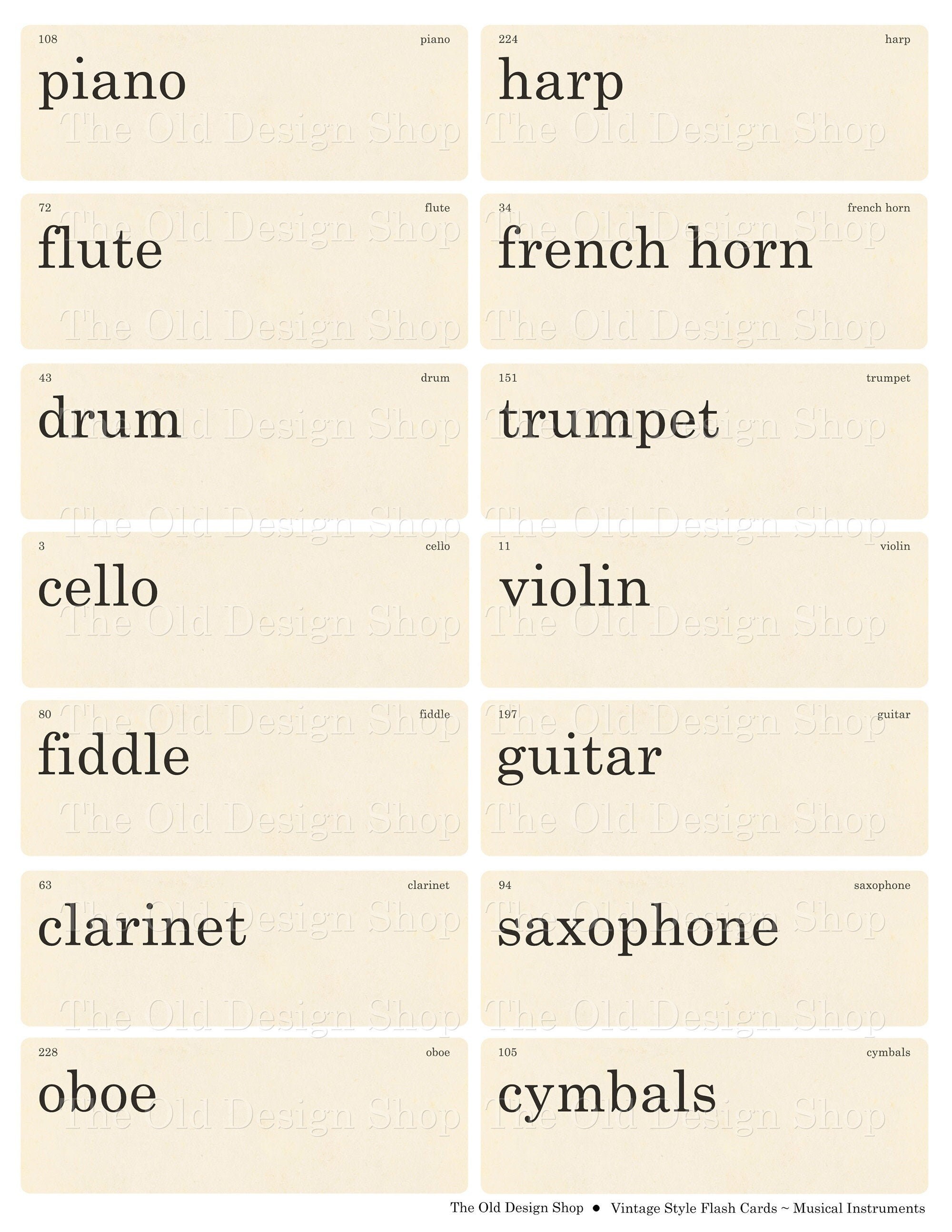 Musical Instruments Flashcards Printable Vintage Retro Style | Etsy