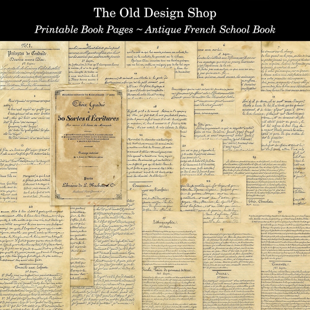 Antique French School Book Pages Handwritten Fonts Shabby Grungy ...