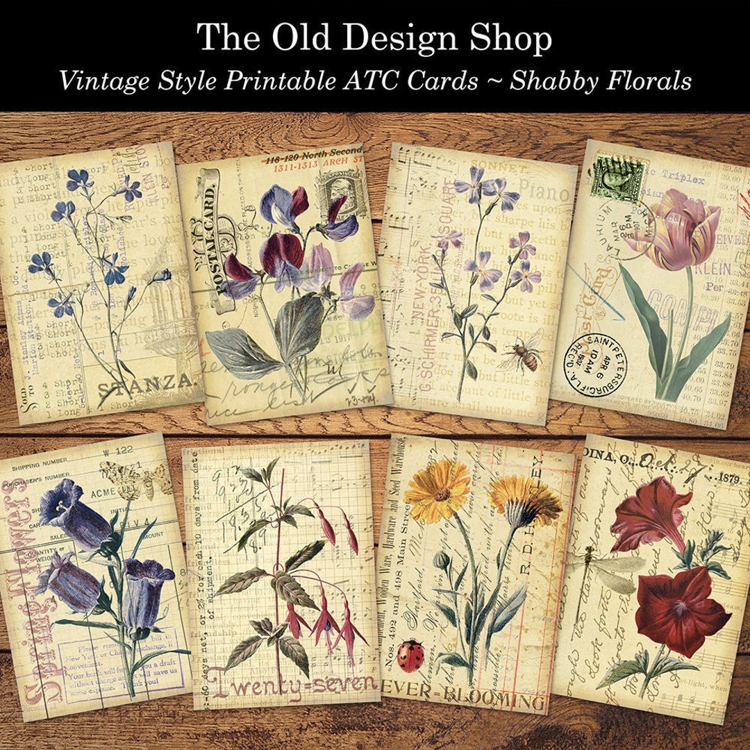 Shabby Floral Botanical Cards Printable ATC Size Digital Collage Sheet ...