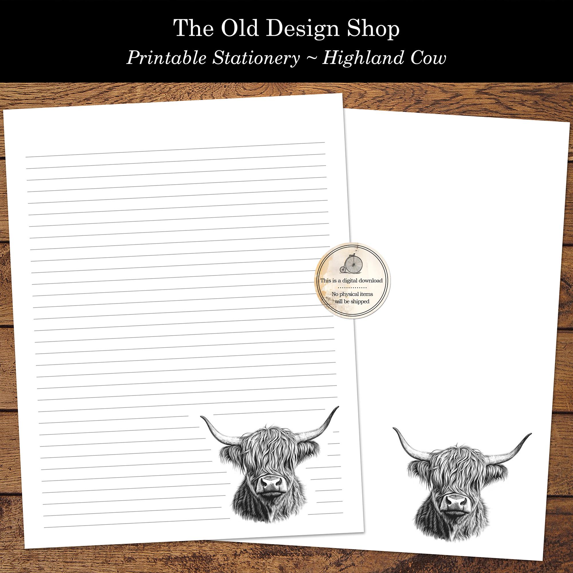 Highland Cow Printable Letter Writing Stationery Black White Scottish ...