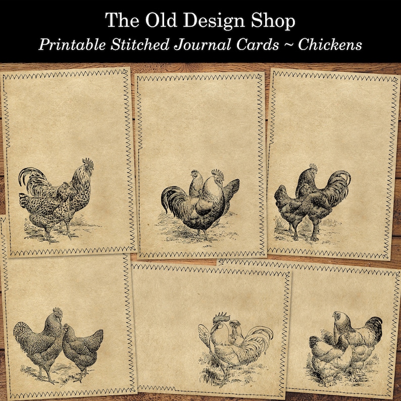 Rooster Hen Chickens Printable Stitched Journal Cards Vintage - Etsy