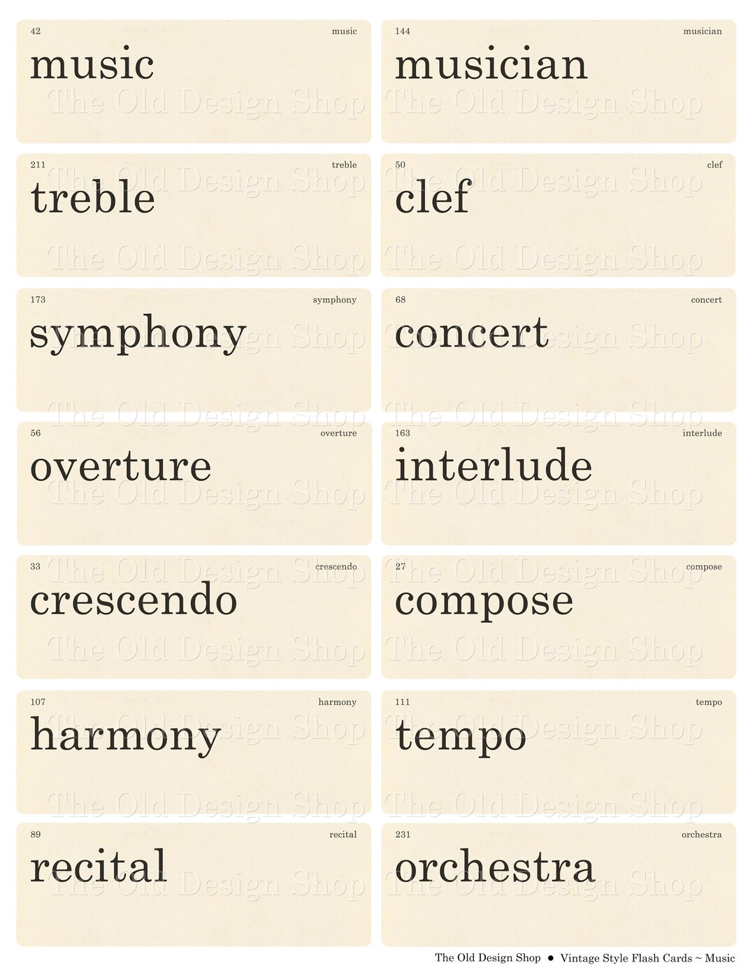 Printable Music Flashcards Music Words Vintage Retro Style - Etsy