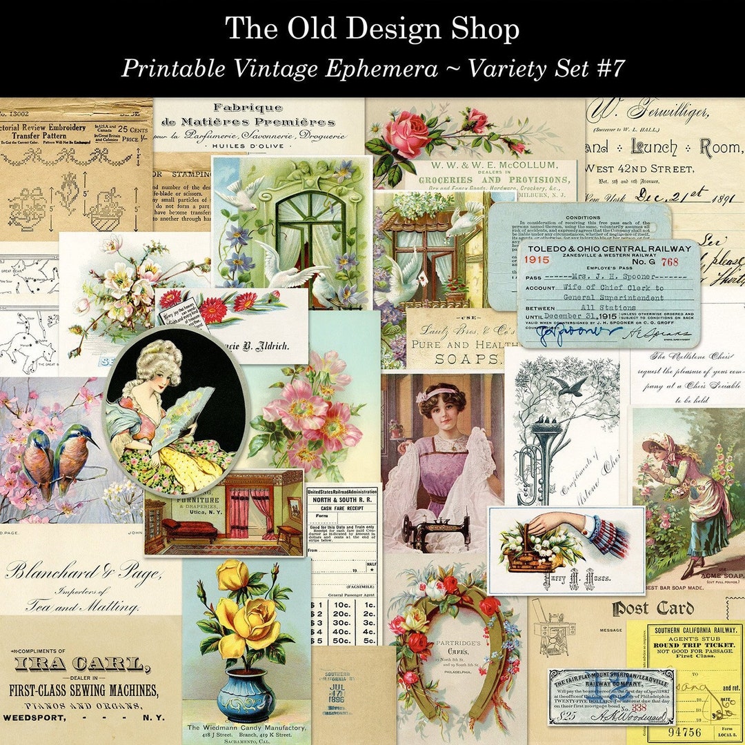 Set 7 Vintage Ephemera Printable Variety Pack Digital Download Collage ...