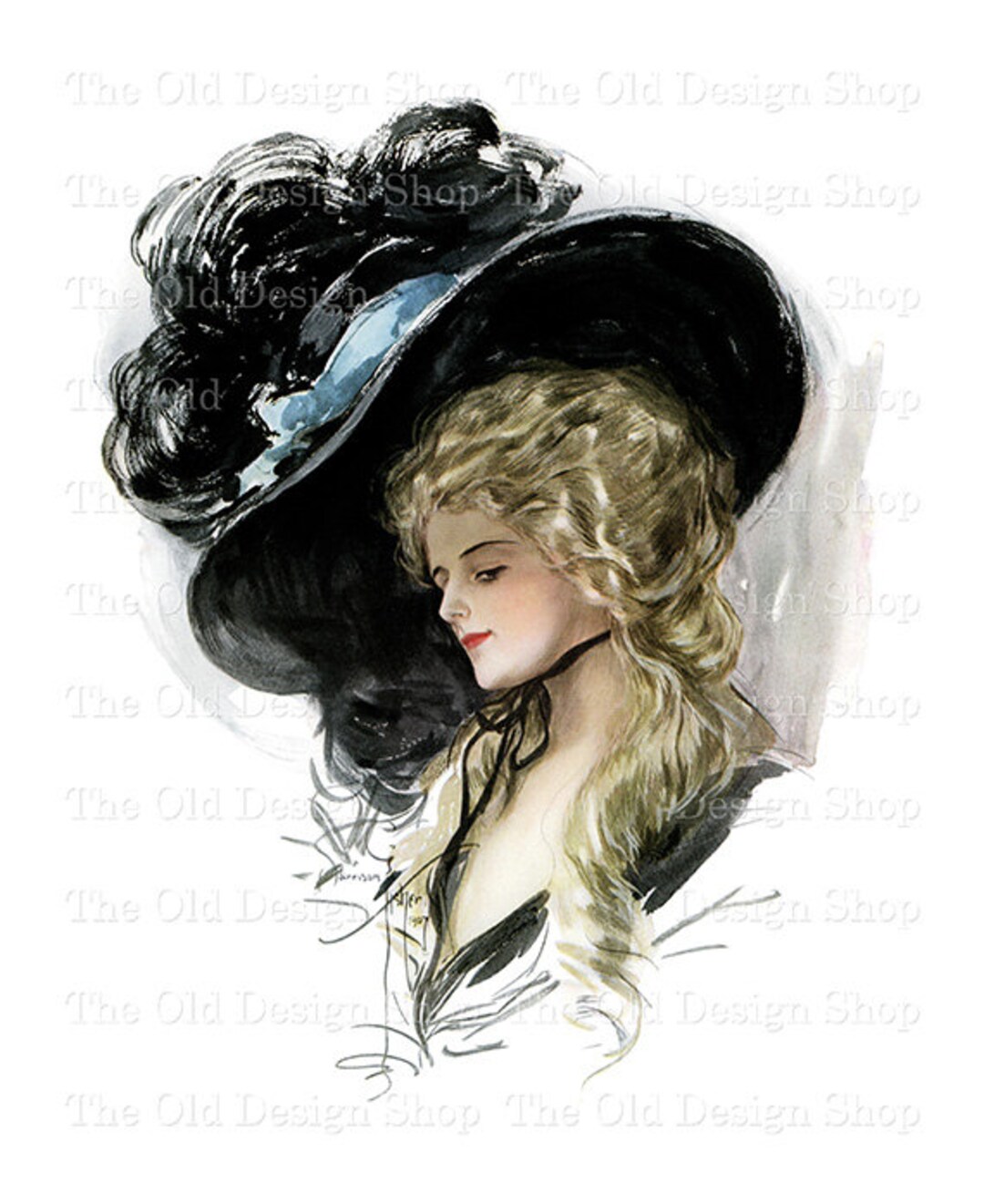 Harrison Fisher Victorian Lady Large Black Hat Printable Vintage Lady ...