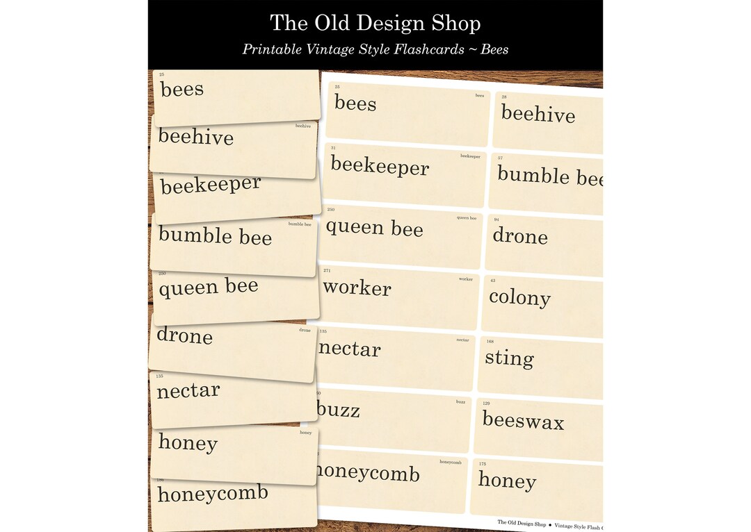 Bees Theme Flashcards Printable Bee Words Vintage Retro Style Flash Card Digital Collage Sheet ...