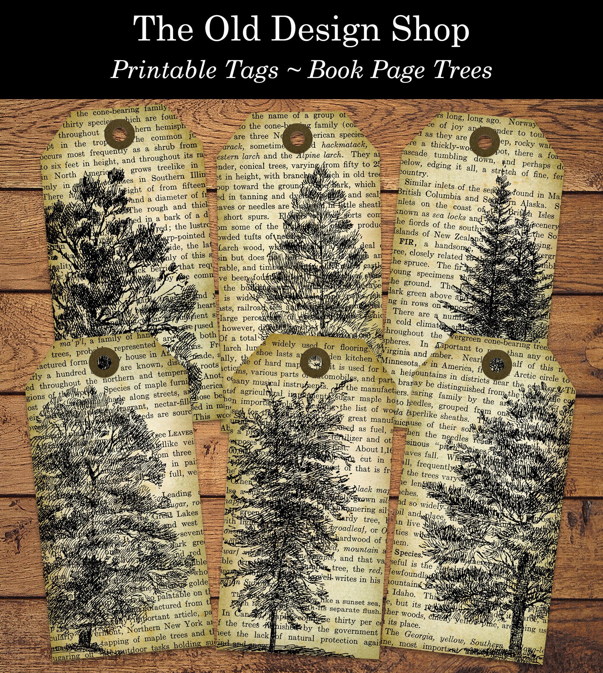 Book Page Printable Tree Tags Vintage Style Digital Collage - Etsy