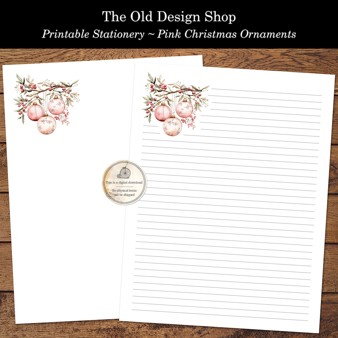 Printable Pink Christmas Ornaments Letter Writing Stationery Watercolor ...