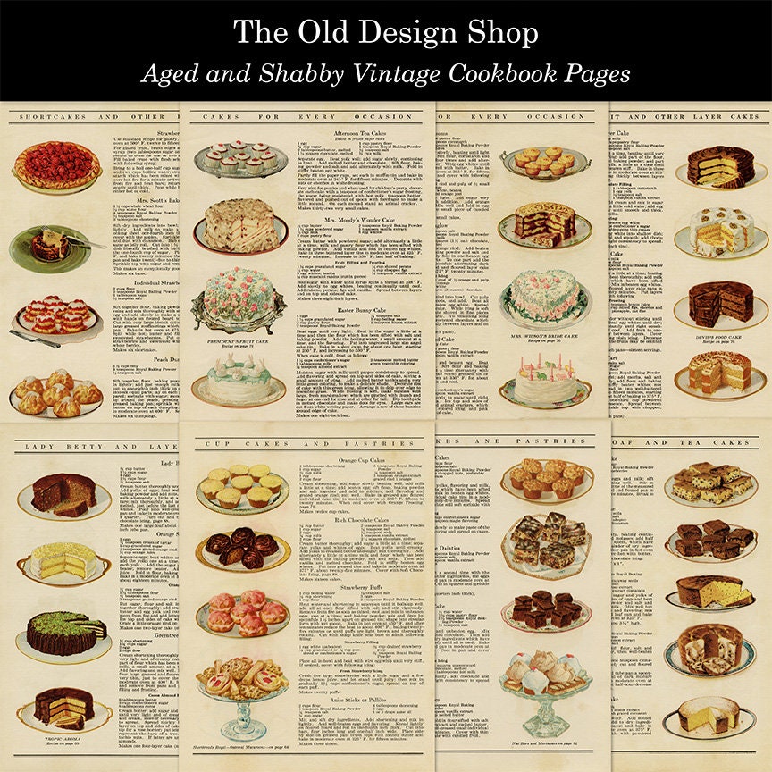 Vintage Aged and Shabby 8 Cookbook Pages Baking Illustrations | Etsy
