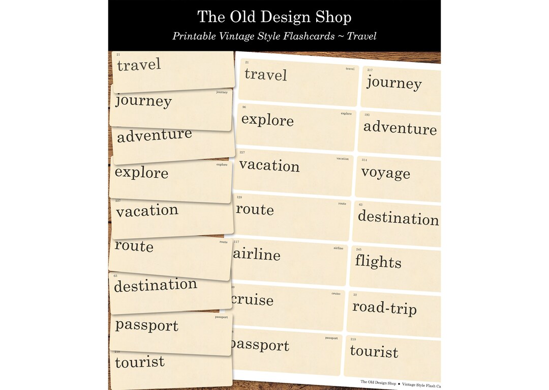 Travel Theme Flashcards Printable Vacation Words Vintage Retro Style ...