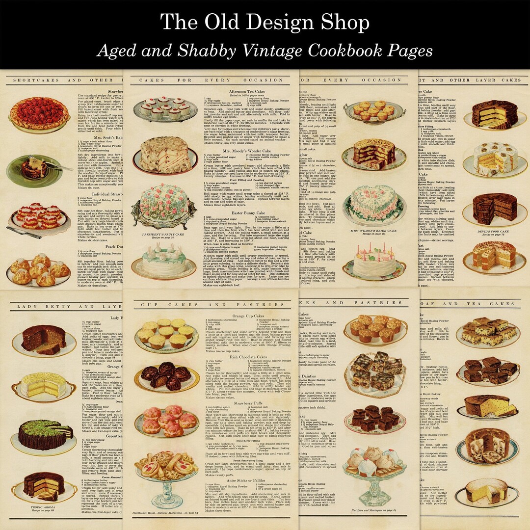 Vintage Aged and Shabby 8 Cookbook Pages Baking Illustrations and ...