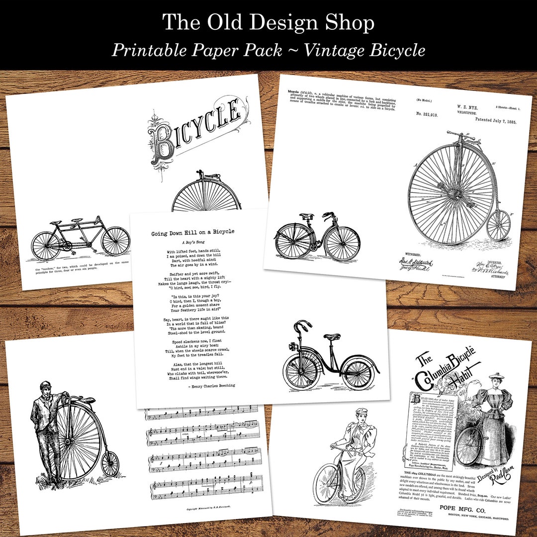 Vintage Bicycle Printable Junk Journal Paper Pack Ink Saving Black and ...