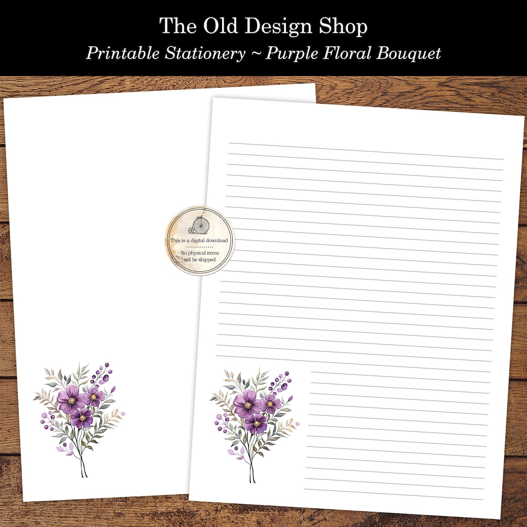 Purple Flowers Printable Letter Writing Stationery Watercolor Purple ...