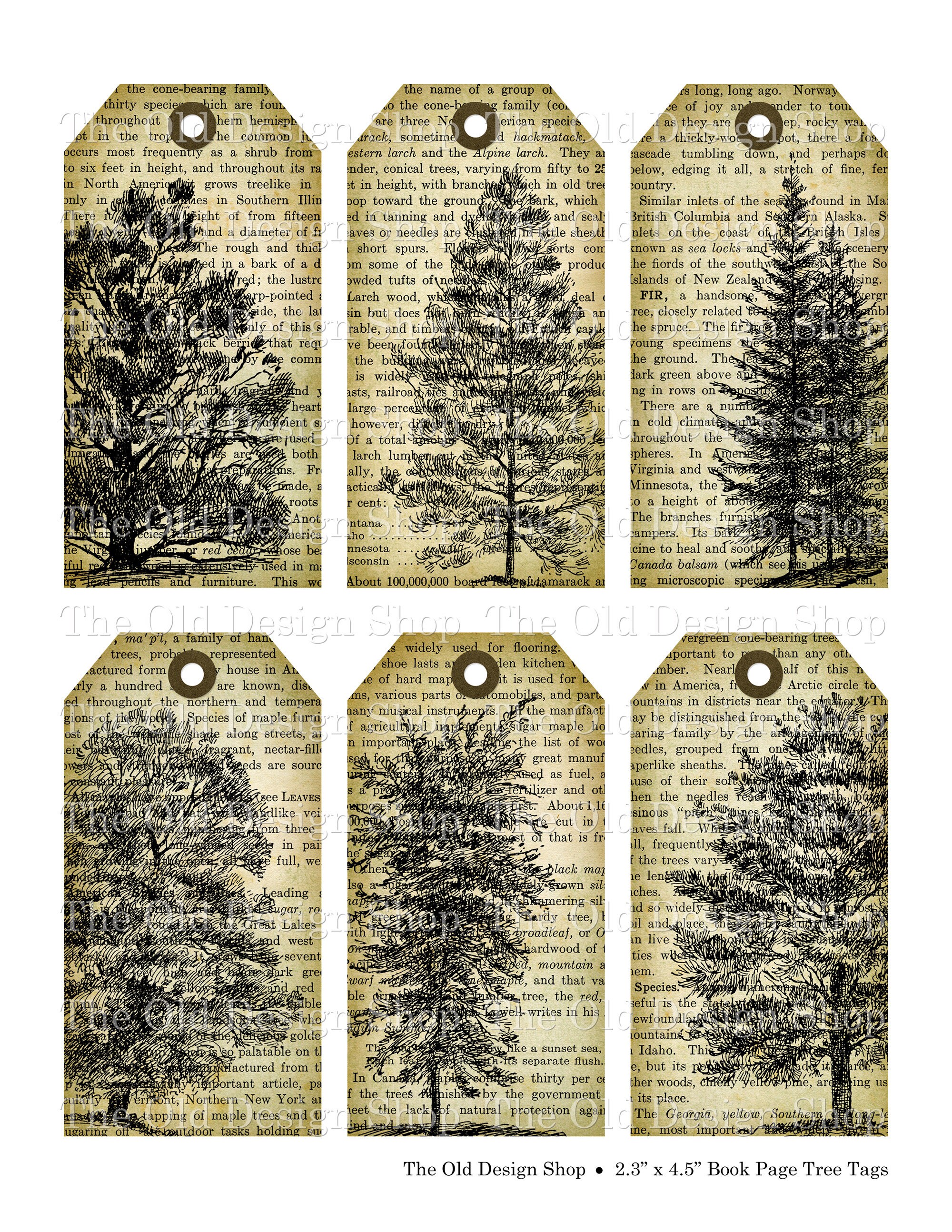 Book Page Printable Tree Tags Vintage Style Digital Collage Sheet JPG ...