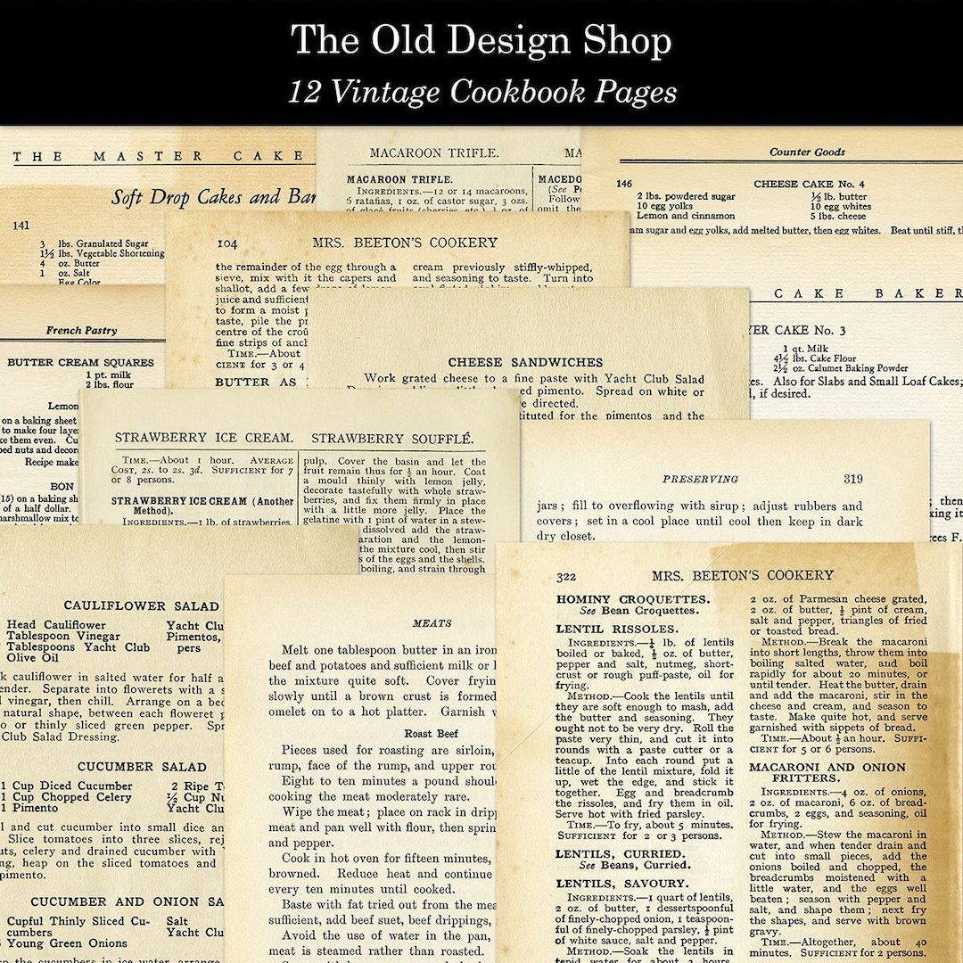 Vintage Cookbook Pages Printable Variety of Old Fashioned Recipes on ...