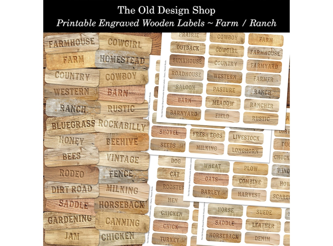 Printable Engraved Wooden Farm Word Labels Ranch Clipart Wood Tags ...