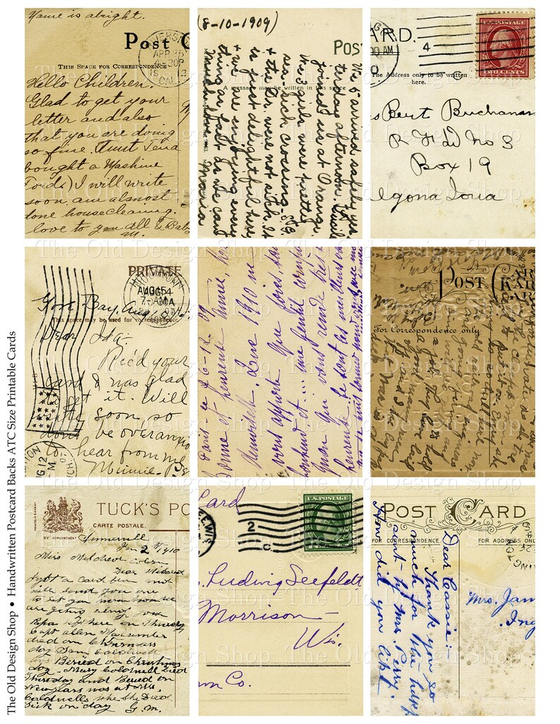Vintage Postcard Backs Printable Handwritten Ephemera ATC Journal Cards ...