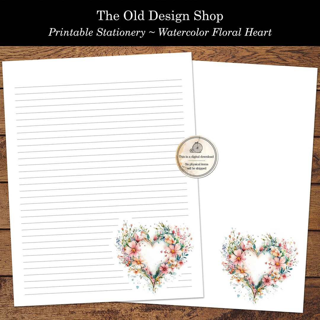 Floral Heart Printable Letter Writing Stationery Watercolor Flower ...