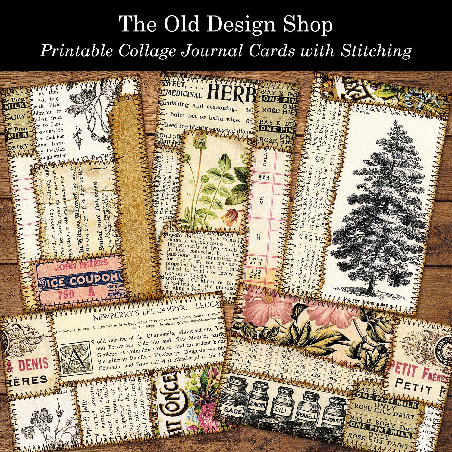 Printable Stitched Collaged Journal Cards, Vintage Sewn Ephemera ...