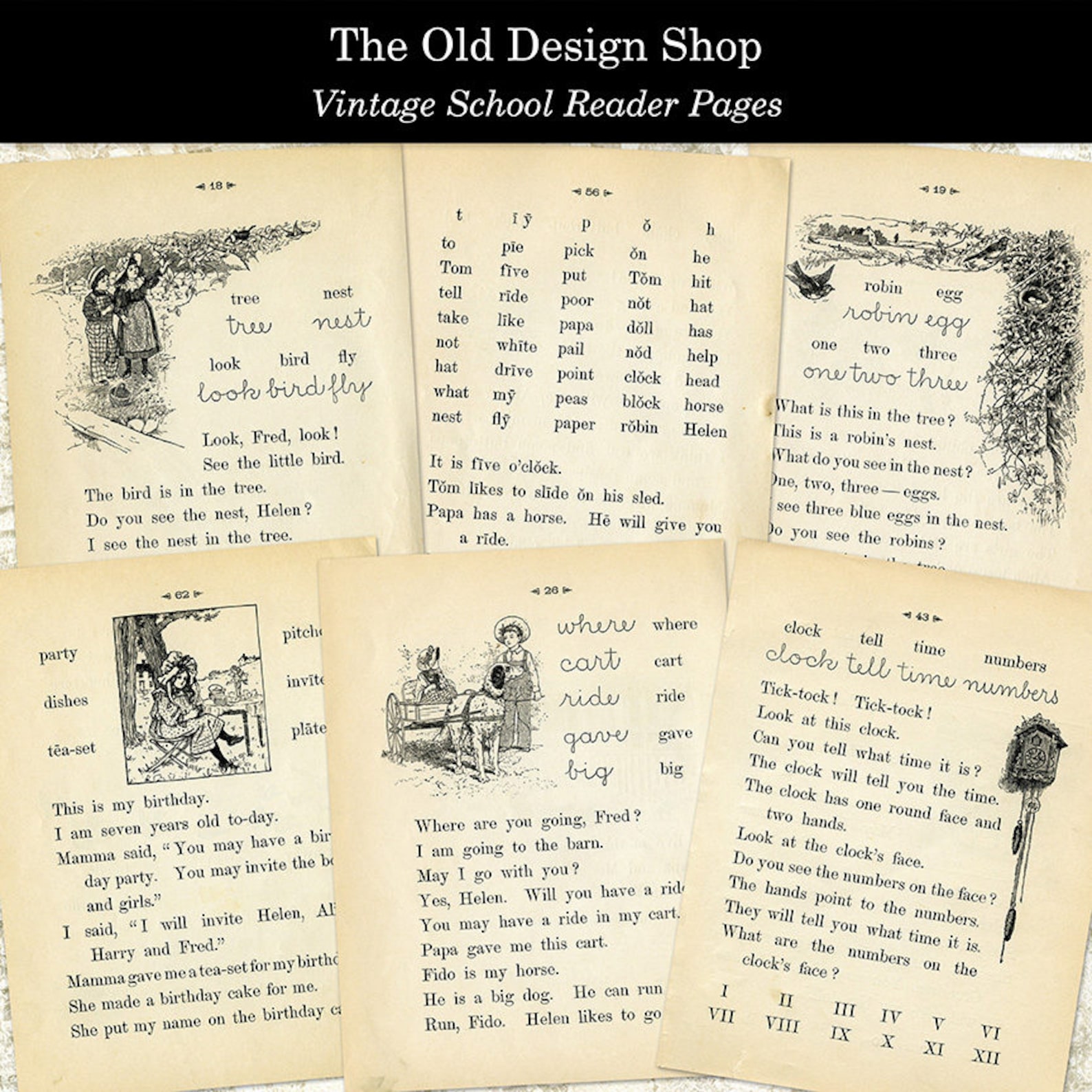 Vintage School Reader Pages Printable Antique Elementary School ...