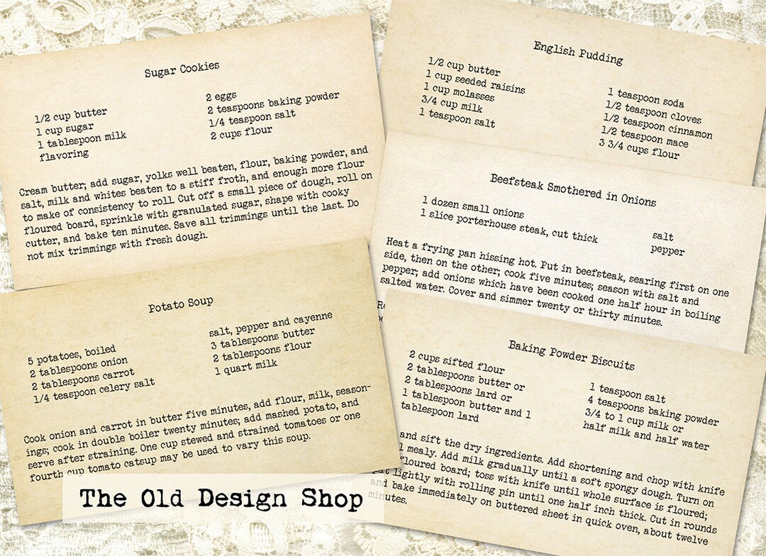 Printable Recipes Five Old Fashioned Typed Recipes 5 X 3 Inch Size ...
