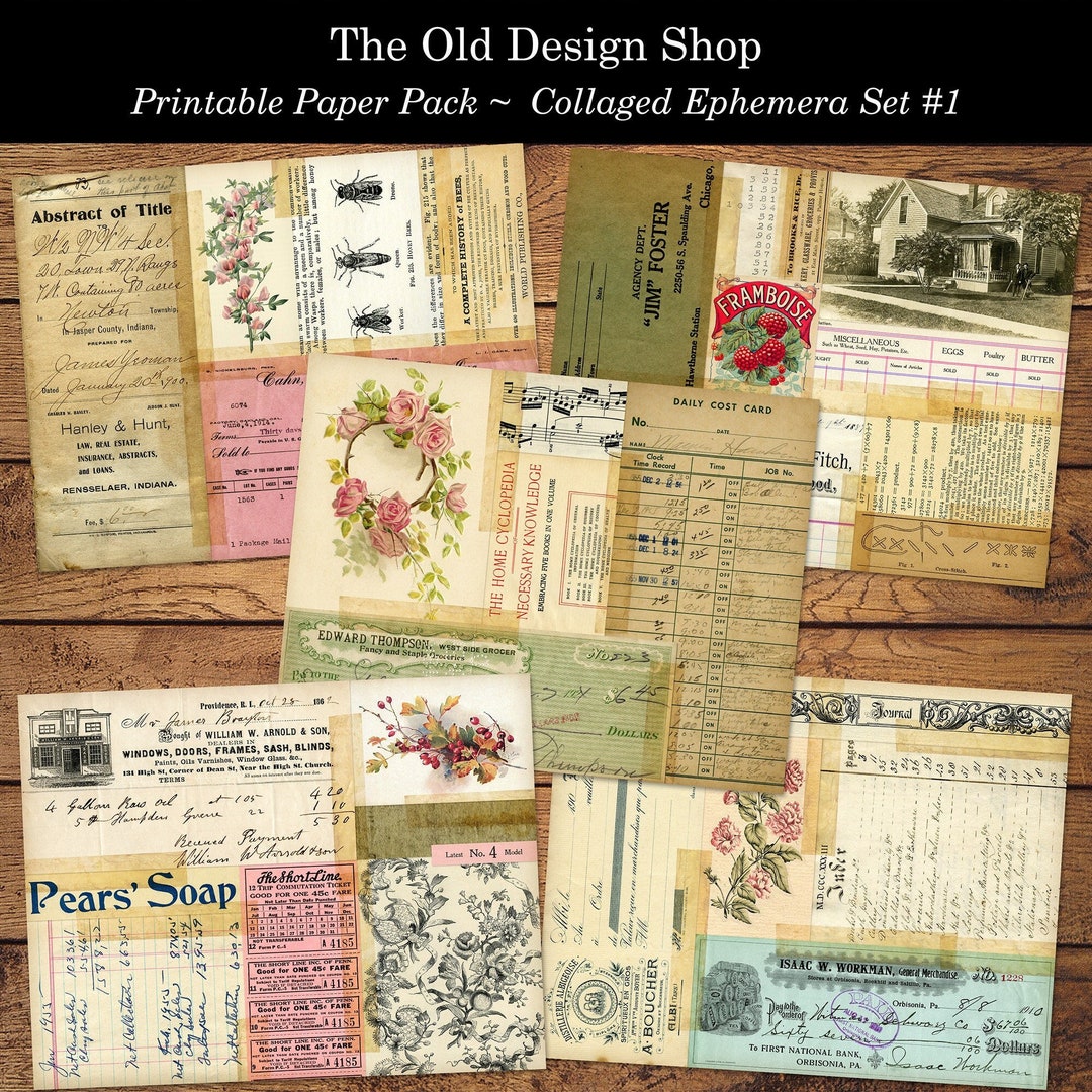 Collaged Ephemera Background Paper Pack Set 1 Vintage Inspired 8.5 X 11 ...
