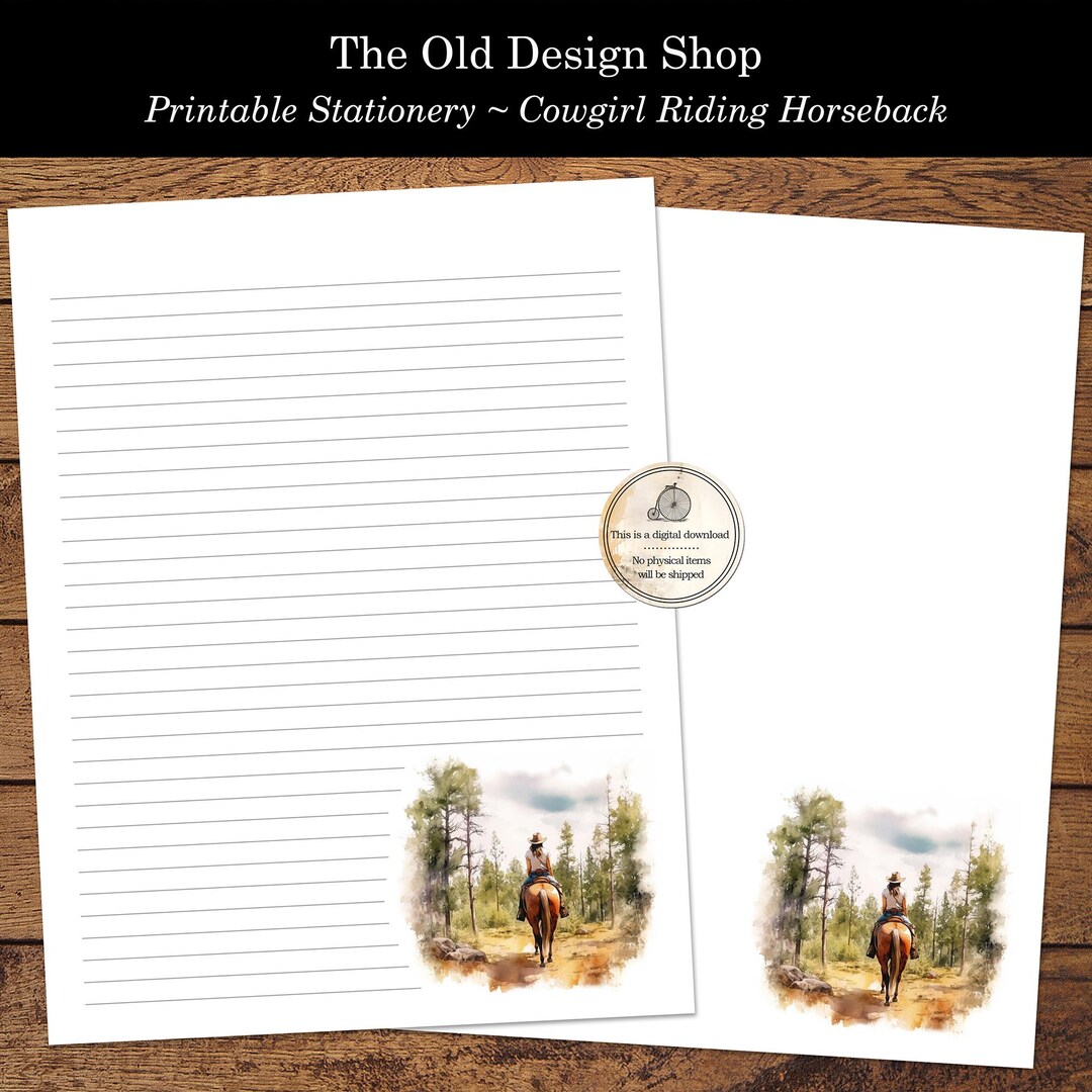 Horseback Printable Letter Writing Stationery Watercolor Cowgirl Riding ...