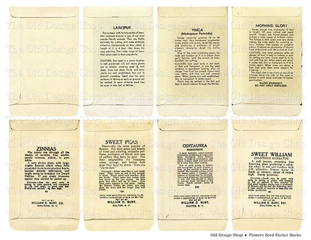 Printable Vintage Garden Ephemera Flowers Seed Packet Backs JPG Digital ...