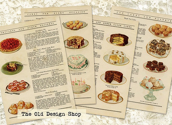 Vintage Aged and Shabby 8 Cookbook Pages Baking Illustrations | Etsy
