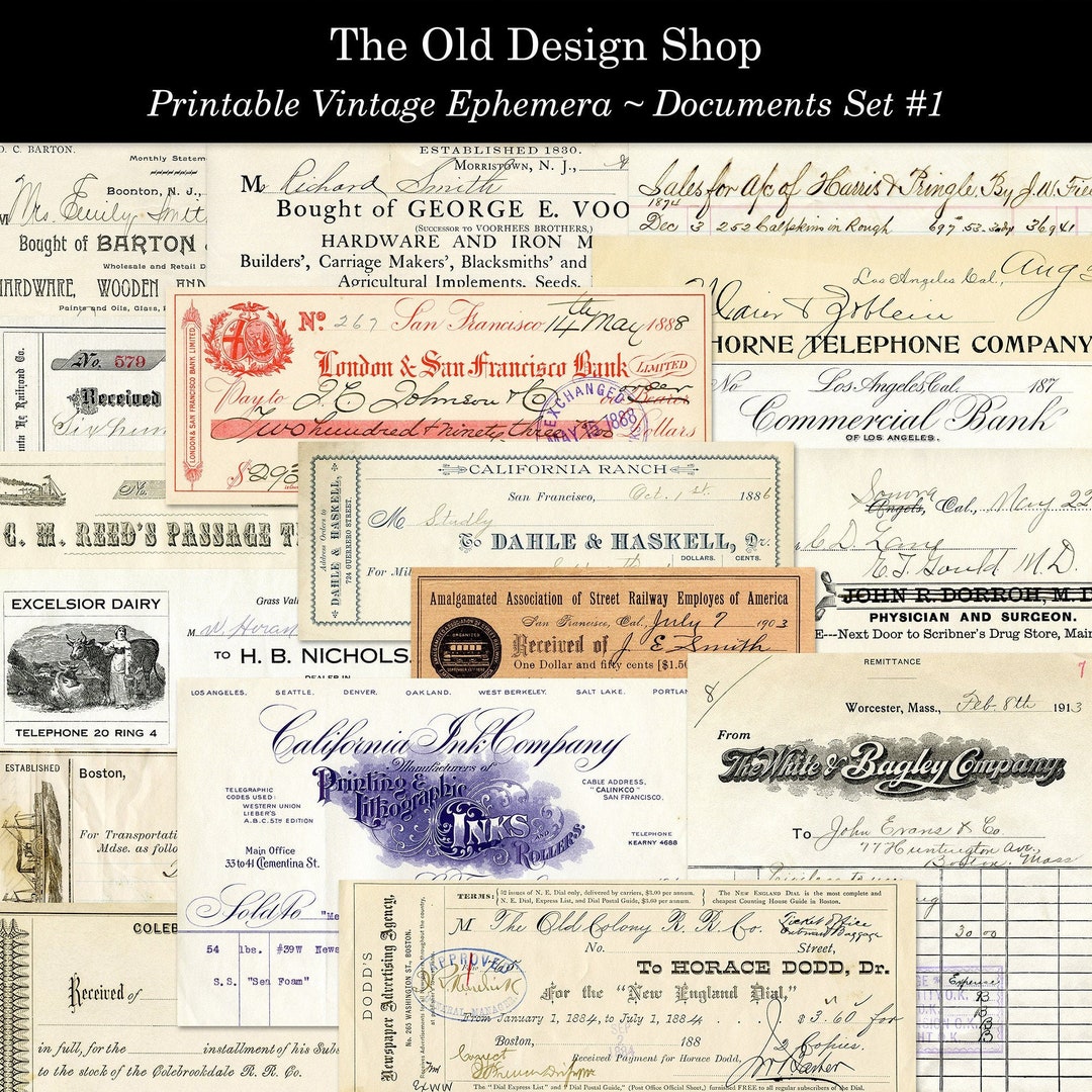 Vintage Documents Set 1 Printable Ephemera Invoices Receipts Tickets ...