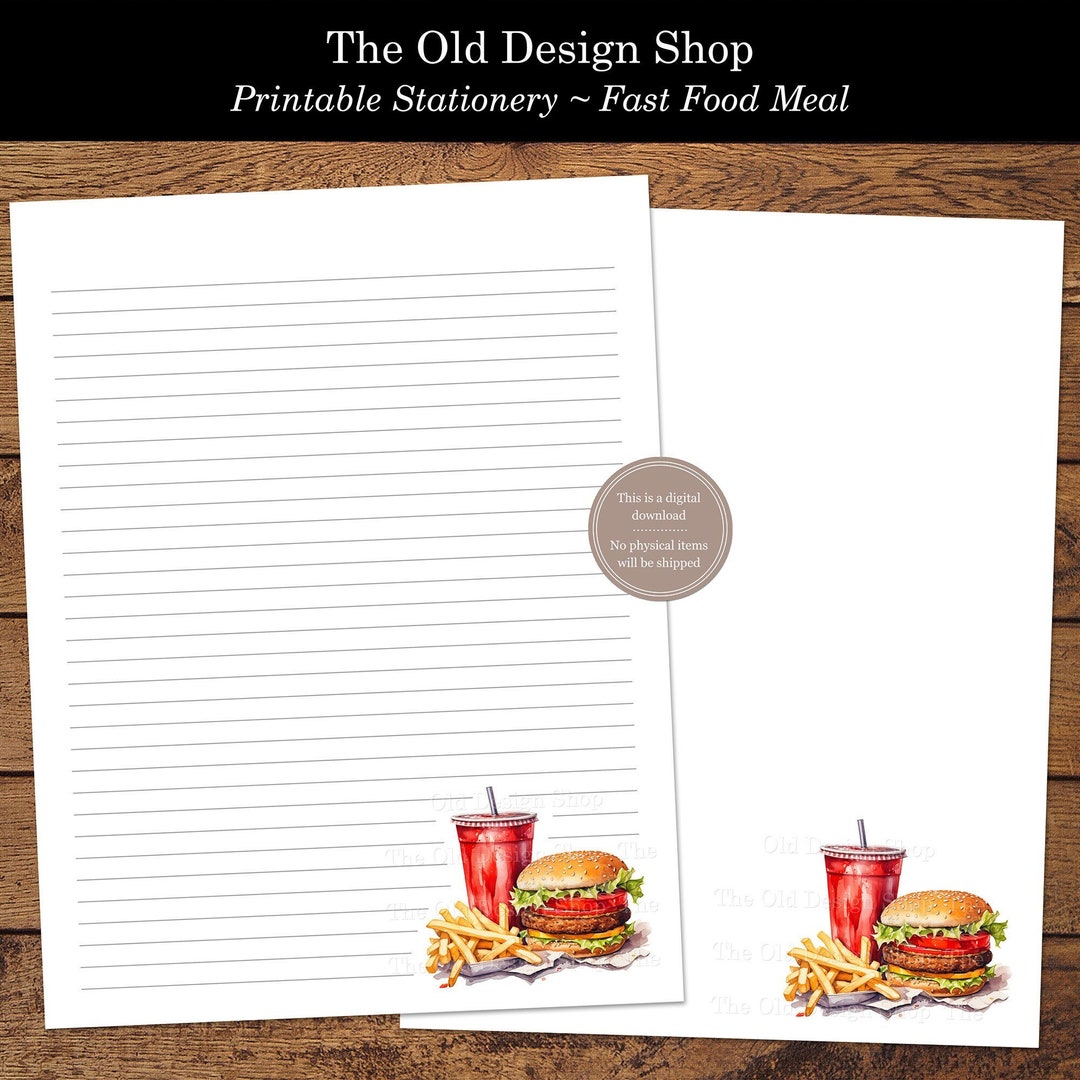 Printable Letter Writing Stationery Fast Food Hamburger Fries ...