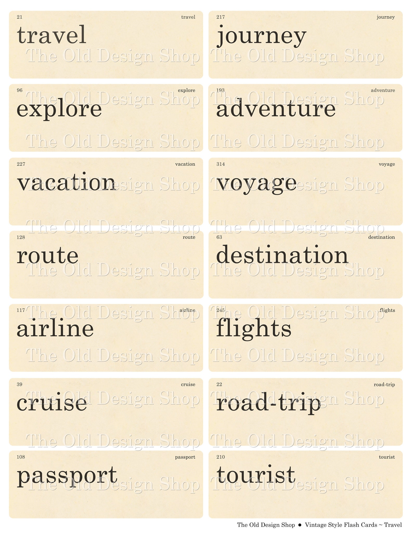Travel Theme Flashcards Printable Vacation Words Vintage Retro Style ...