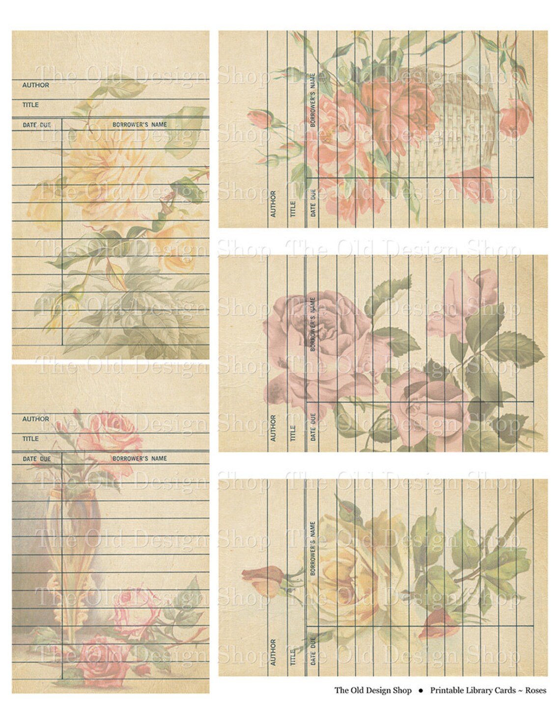 Vintage Style Library Cards Beige Background Floral Rose - Etsy