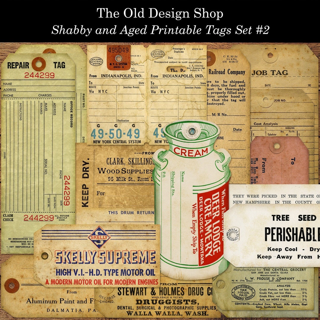 Shabby and Aged Tags Set 2 Printable Vintage Creamery Repair Railway ...