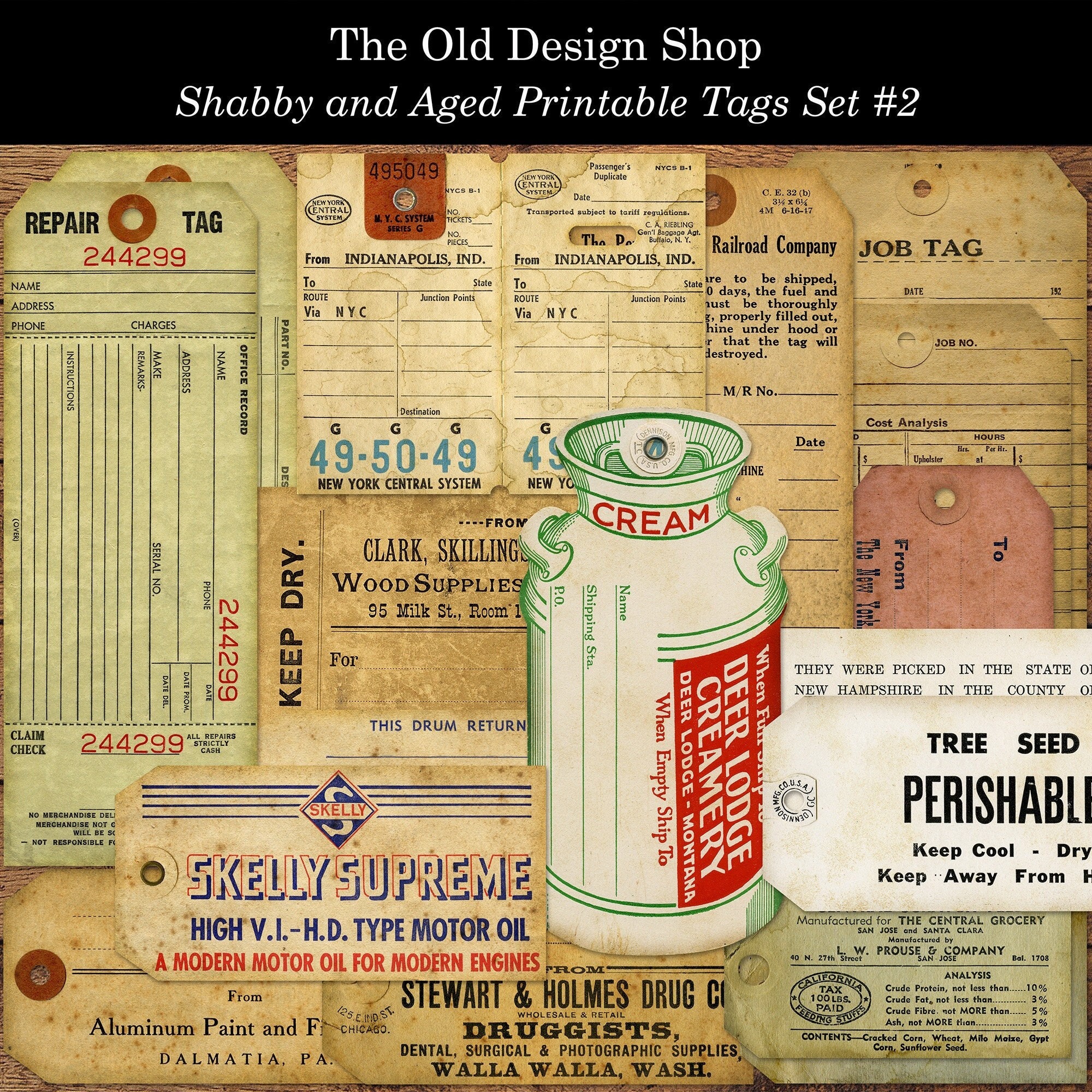 Shabby and Aged Tags Set 2 Printable Vintage Creamery Repair Railway ...