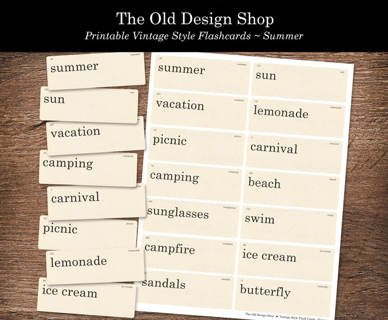 Vintage Summer Flashcards, Printable Retro Style Ephemera, Digital ...