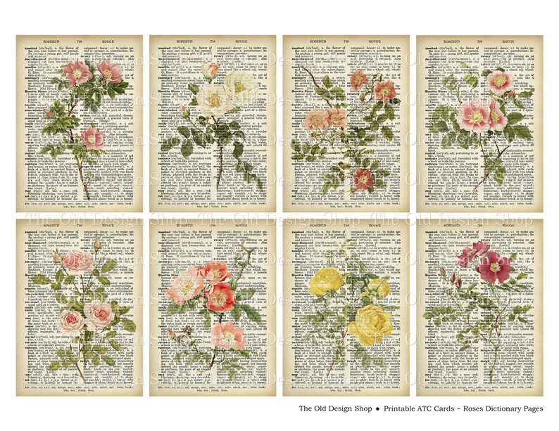 Printable Dictionary ATC Roses Journal Cards Junk Journal Ephemera ...