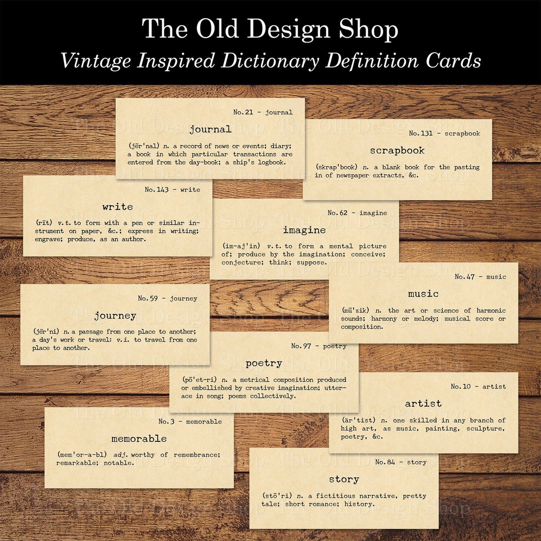 Vintage Inspired Dictionary Definition Flash Cards Printable Ephemera ...