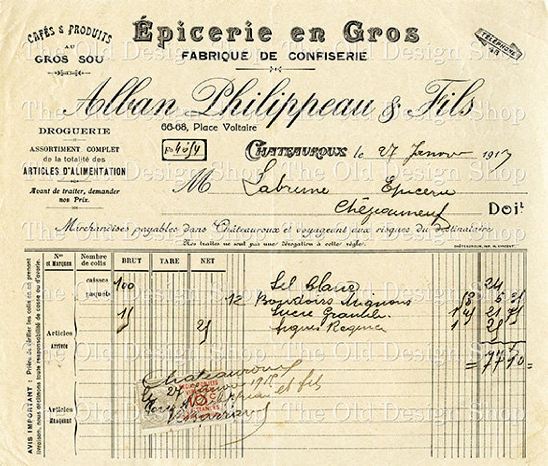 Vintage French Invoice Printable Ephemera for Junk Journals Cardmaking ...