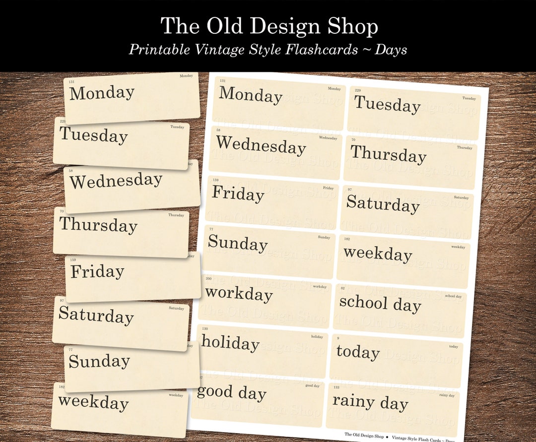 Days of the Week Flashcards Junk Journal Ephemera Printable Retro ...