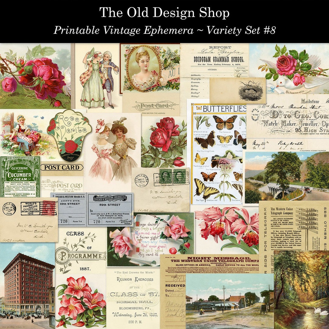 Set 8 Vintage Ephemera Printable Variety Pack Digital Download Collage ...