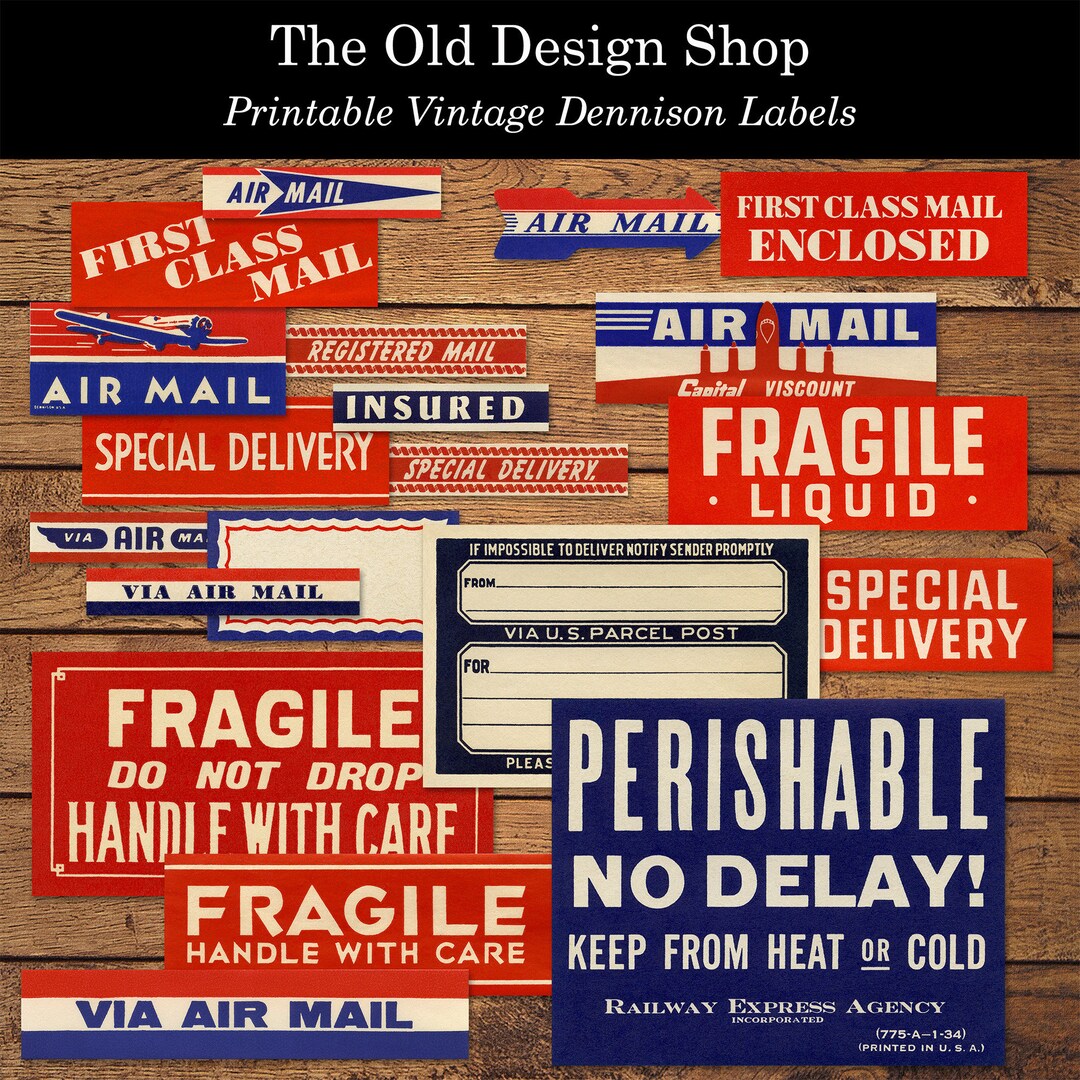 Vintage Printable Dennison Labels Ephemera Red White Blue Shipping ...