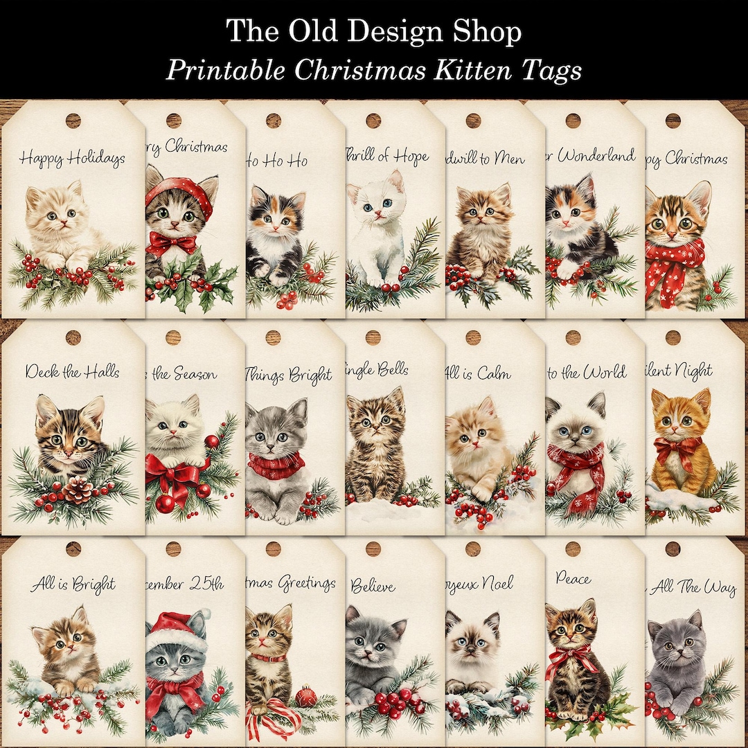 Printable Christmas Kitten Tags Ephemera for Junk Journals Cardmaking ...
