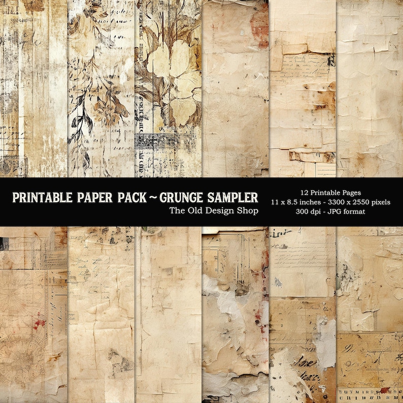 Digital Paper Printable Grunge Sampler Junk Journal Paper Pack Shabby ...