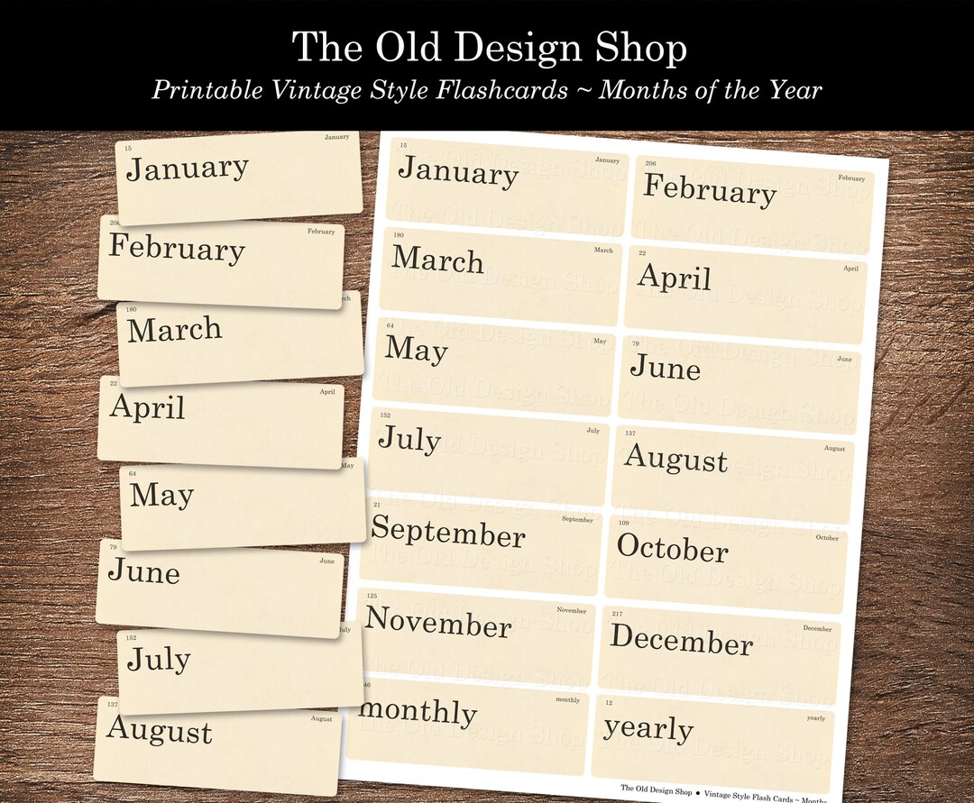 Months of the Year Printable Flashcards Junk Journal Ephemera Retro ...