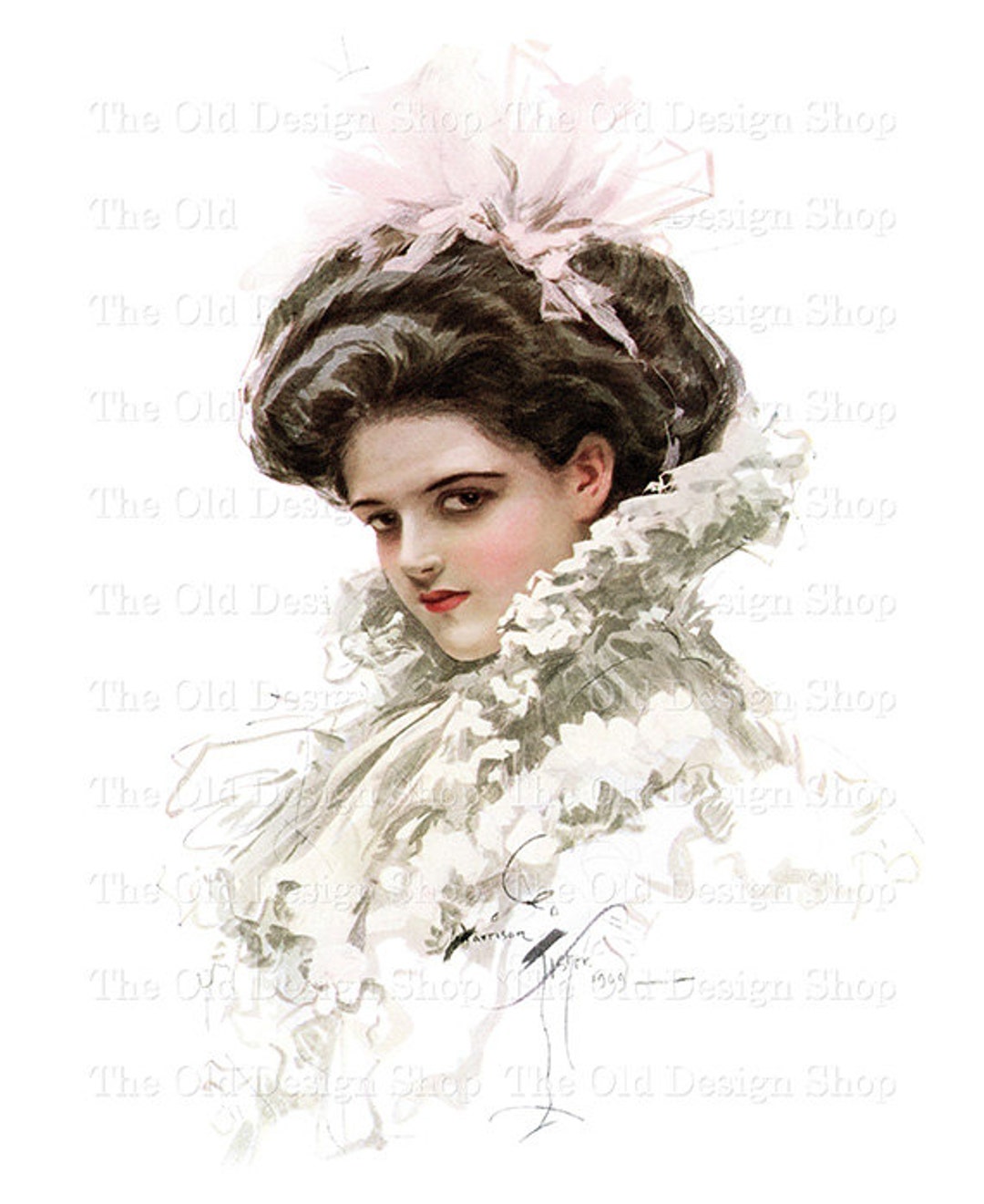 Harrison Fisher Victorian Lady White Ruffled Collar Pink Bow Vintage ...