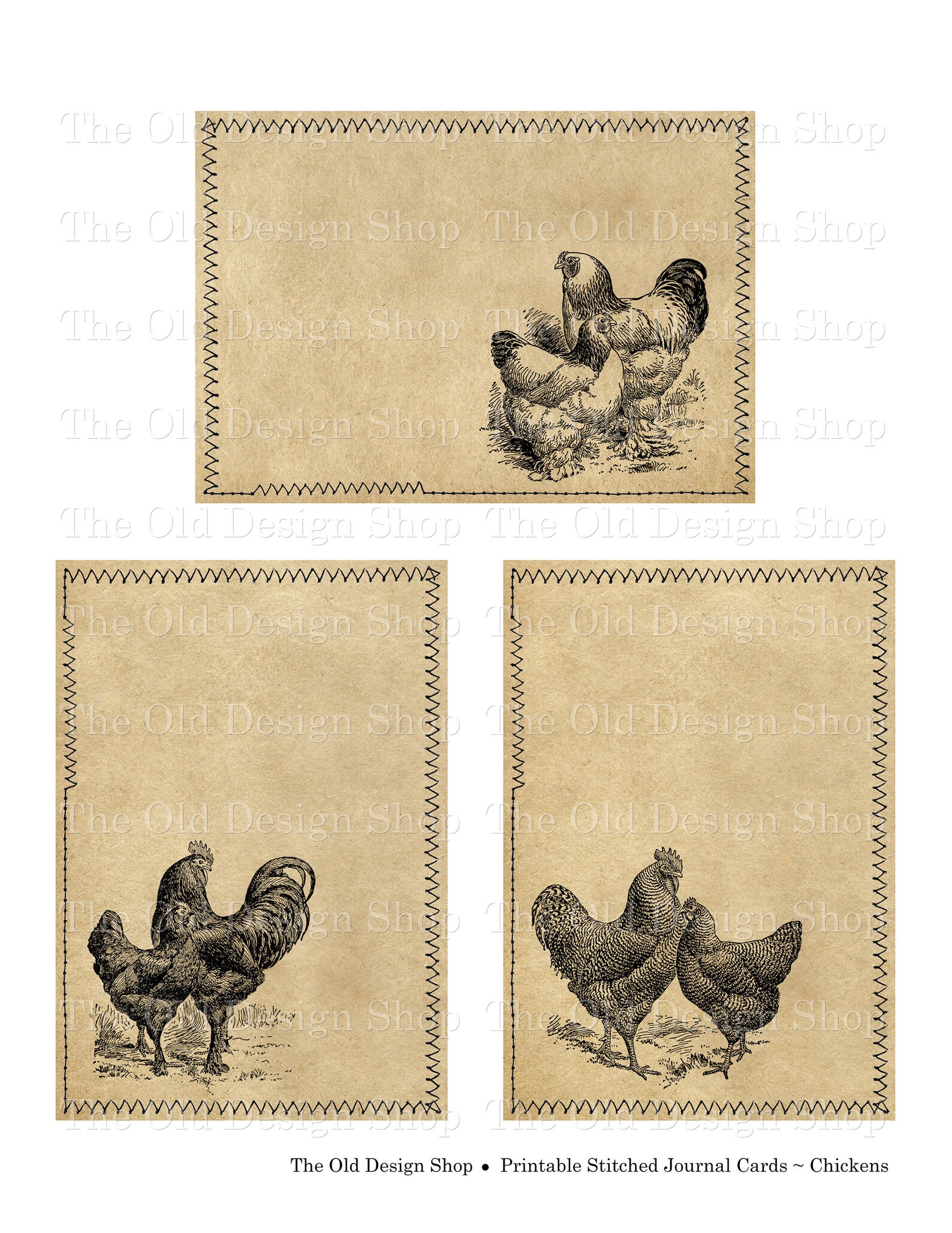 Rooster Hen Chickens Printable Stitched Journal Cards Vintage Style ...